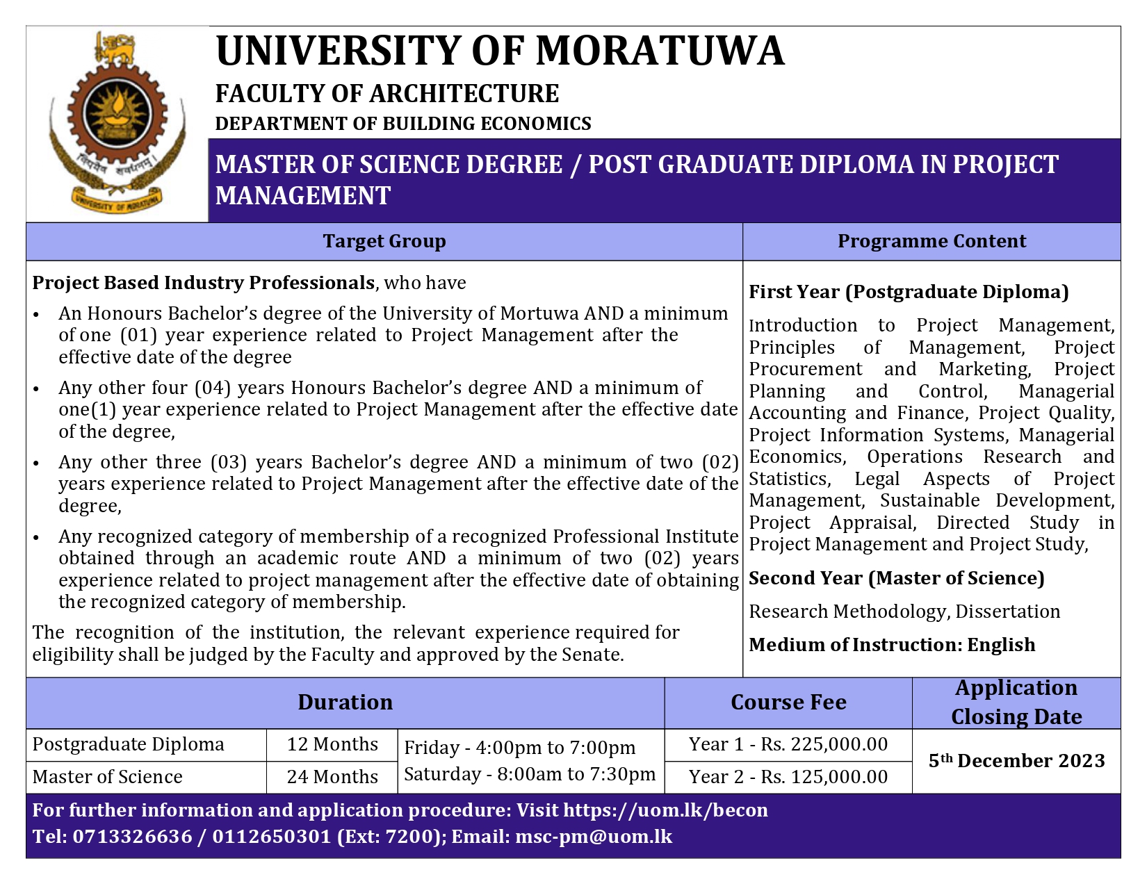 MSc/PG Diploma in Project Management | University of Moratuwa